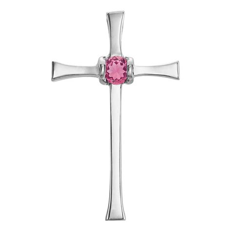 14k White Gold Pink Tourmaline Cross Pendant Hidden Bail