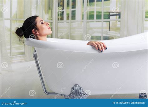 Bathing Woman Relaxing In Bath Smiling Relaxing With Eyes Closed Stock
