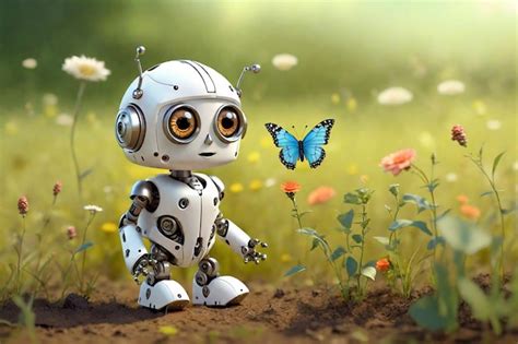 Premium Ai Image Little Cute Robot In A Summer Field On A Beautiful