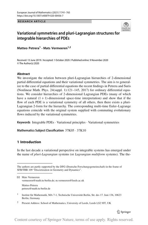 Pdf Variational Symmetries And Pluri Lagrangian Structures For Integrable Hierarchies Of Pdes