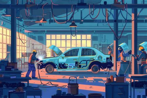 Workers In A Body Shop Welding And Assembling A Car Body Generative Ai