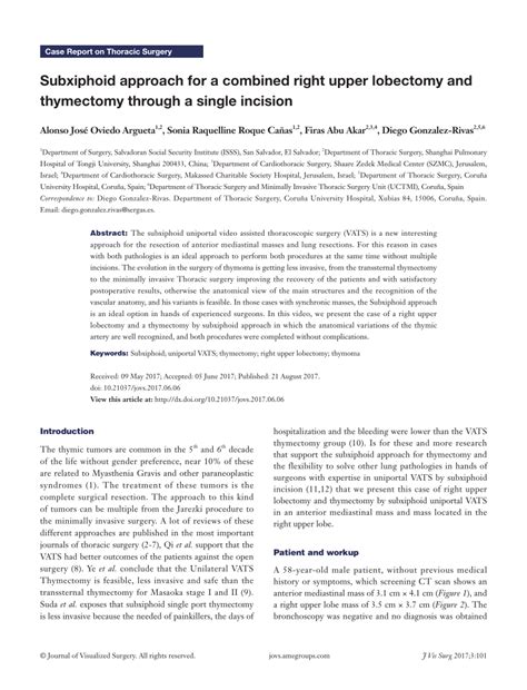 Pdf Subxiphoid Approach For A Combined Right Upper Lobectomy And Thymectomy Through A Single
