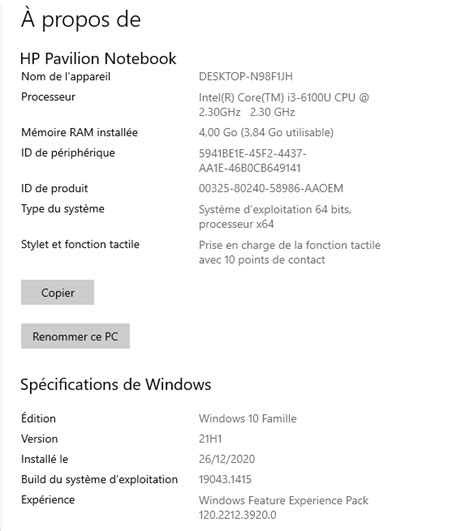 Configuration Pc Windows 10