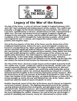 Wars Of The Roses Legacy Of The War Of The Roses Assignment Tpt