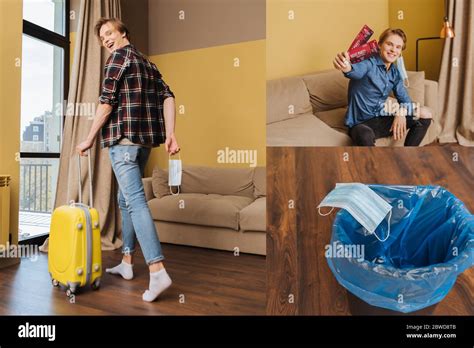 Collage Of Trash Can With Garbage Bag Happy Man Holding Medical Mask