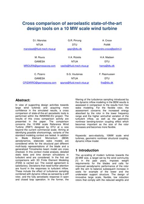 Pdf Cross Comparison Of Aeroelastic State Of The Art Design Tools On A 10 Mw Scale Wind Turbine