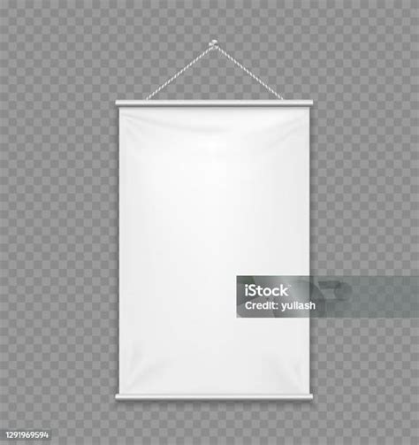 빈 섬유 배너 모형 벡터 3d 사실적입니다 밧줄에 매달려 흰색 템플릿 투명하게 격리된 브랜딩 및 광고를 위한 직사각형 수직