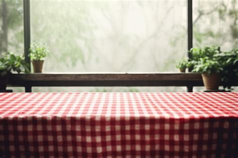 premium ai image empty table with red and white checkered tablecloth