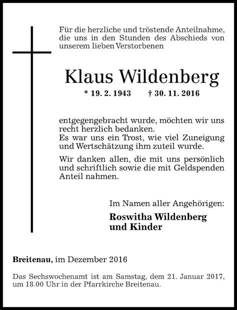 Traueranzeigen Von Klaus Wildenberg Rz Trauer De