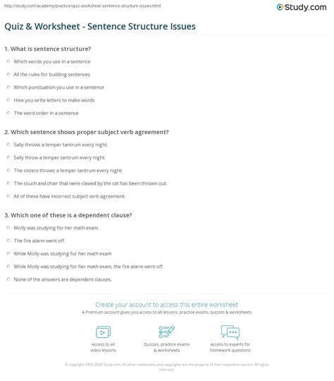 Quiz And Worksheet Sentence Structure Issues