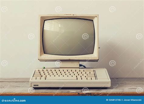 Vintage Retro Computer With Monitor And Keyboard On Wooden Desk Stock