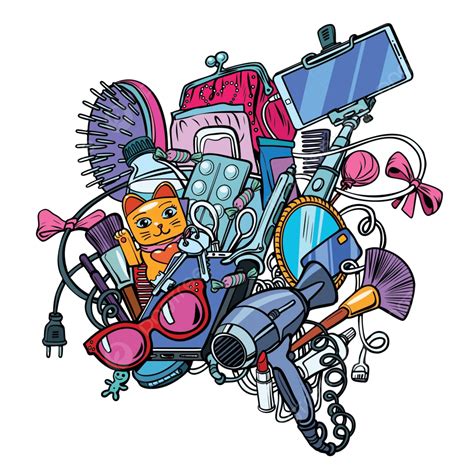 Assortment Of Items From Womens Handbagwhite Background Isolated Vector