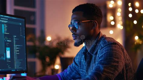 Focused Young Man Coding On Computer Screen In Dark Room Stock
