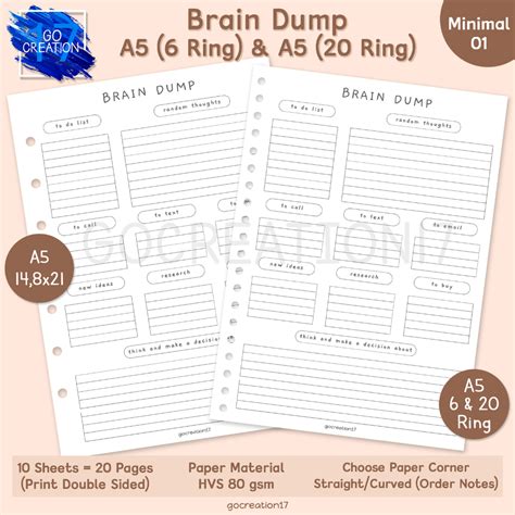 Simple Minimalist Brain Dump Binder Paper Planner A5 Ring 20 And A5