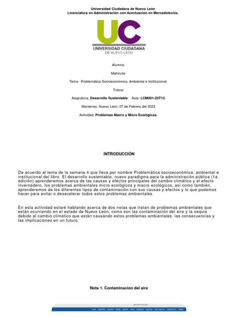 Desarrollo Sustentable Actividad Problemas Macro Y Micro Ecológicos