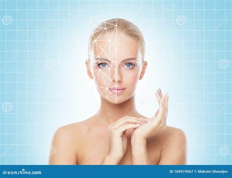 Face Of A Beautifyl Girl With A Scanning Grid On Her Face Face Id Security Facial Recognition