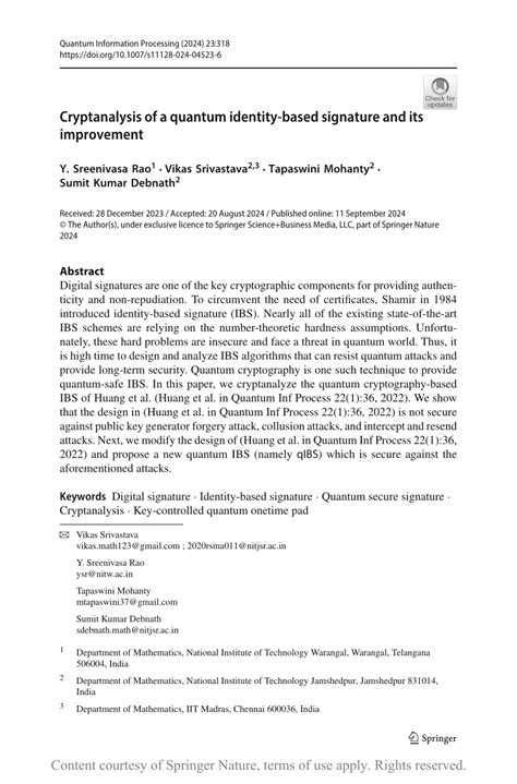 Cryptanalysis Of A Quantum Identity Based Signature And Its Improvement Request Pdf
