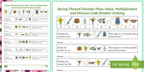 Spring Themed Decimal Place Value Multiplication And Division Code Breaker