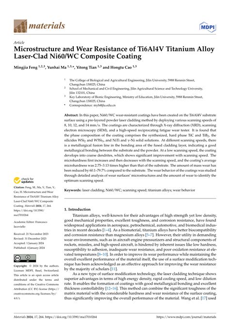 Pdf Microstructure And Wear Resistance Of Ti6al4v Titanium Alloy Laser Clad Ni60 Wc Composite