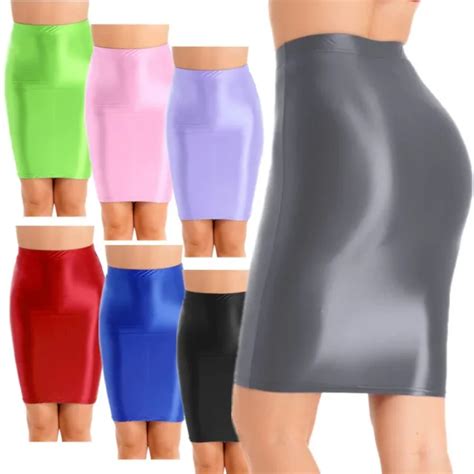 Womens Shiny High Waist Tight Pencil Skirt Stretchy Bodycon Hip Skirt