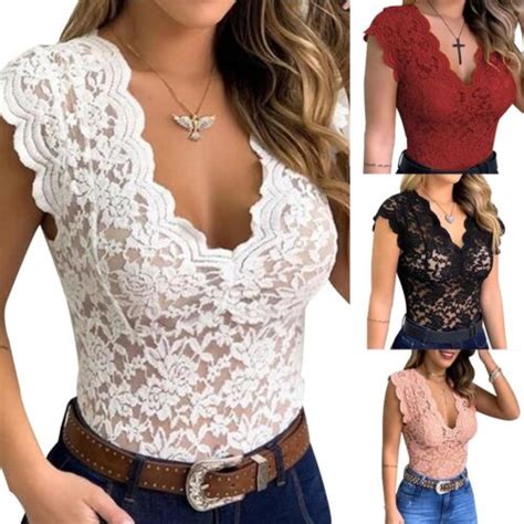 Womens Sexy V Neck Lace Sleeveless T Shirt Ladies Slim Fit Stretch