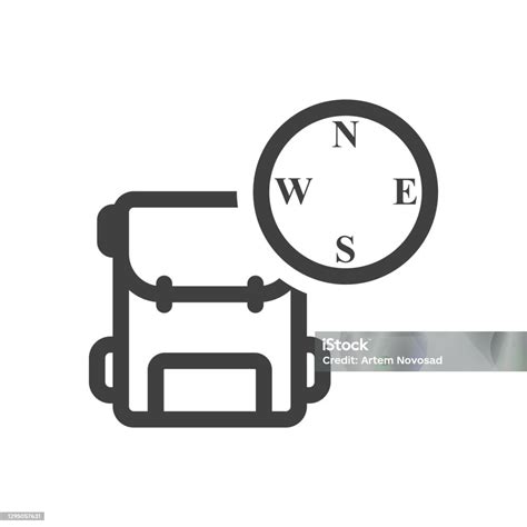 나침반이있는 여행 배낭 간단한 선형 아이콘 여행자를 위한 세트이미지입니다 순수한 흰색 배경에 격리된 벡터입니다 가방에 대한 스톡
