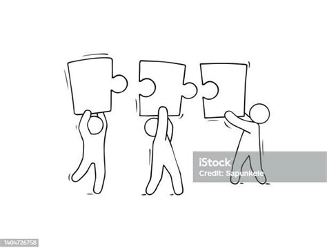 Sketch Of Working Little People With Puzzle Teamwork向量圖形及更多一組物體圖片 Istock
