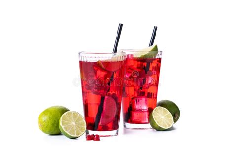 Cape Codder Cocktail With Vodka Cranberry Juice And Lime Isolated On White Background Stock