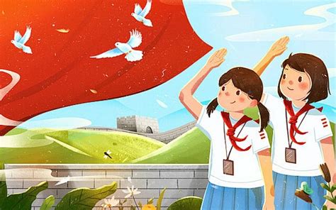 创意敬礼少先队员学生国庆节国旗长城手绘插画卡通人物海报 花瓣网
