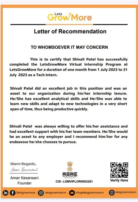 Shivali Patel On Linkedin Hello Connections I Am Glad To Share That I Got Letter Of…