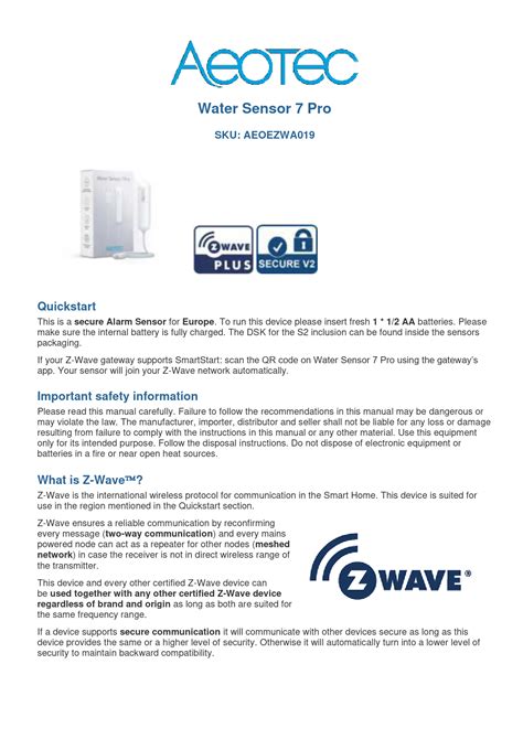 Aeotec Water Sensor 7 Pro 3 Manual Quickstart And Specifications