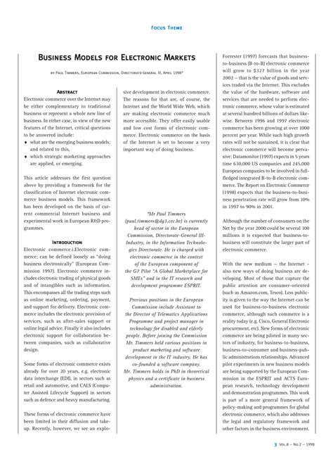 Pdf Business Models For Electronic Markets