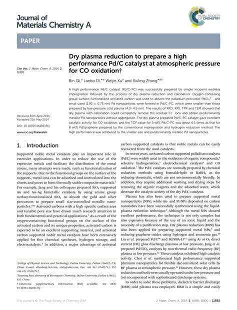 Pdf Dry Plasma Reduction To Prepare A High Performance Pdc Catalyst