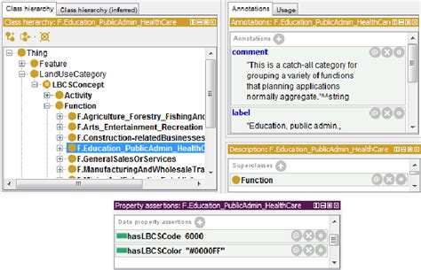 A screenshot of Protégé showing the LBCS ontology 8 extending the