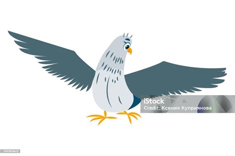 비둘기 새 숙박 녹색 회색 비둘기 날개가 퍼졌다 파란 눈 노란 부리와 다리 플랫 만화 캐릭터 디자인 귀엽고 재미있습니다 흰색으로 격리됩니다 어린이 스티커 엽서 및 포스터용