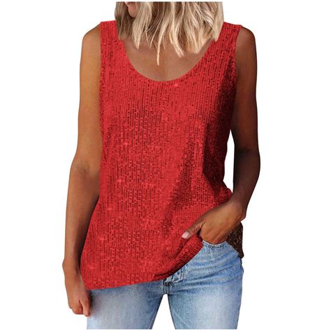 Besolor Womens Sequin Tank Tops Fashion Round Neck Sleeveless Sparkle