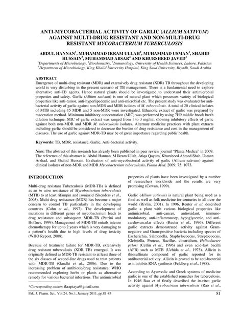 Pdf Anti Mycobacterial Activity Of Garlic Allium Sativum Against