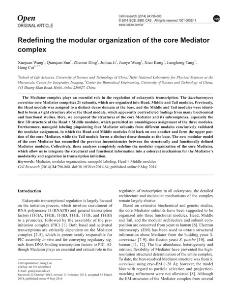 Pdf Redefining The Modular Organization Of The Core Mediator Complex