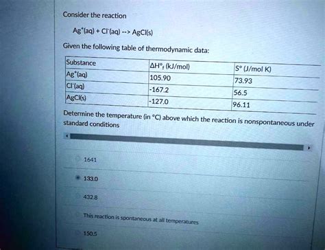 SOLVED Consider the reaction Ag aq Cl aq â AgCl s Given the following table of