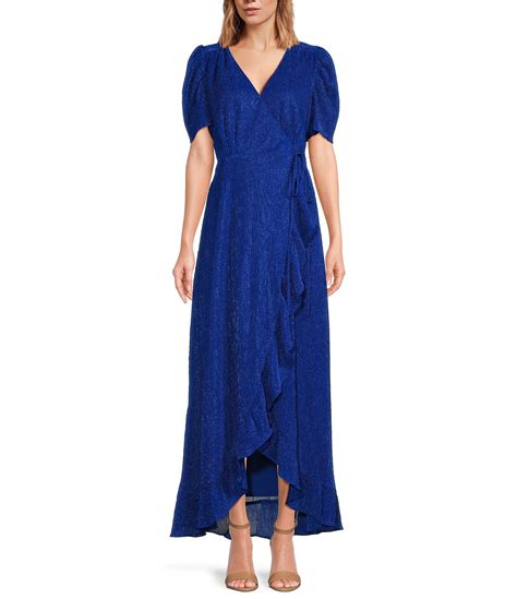 Sugarlips Plisse Shimmer V Neck Short Sleeve Wrap Midi Dress Dillards
