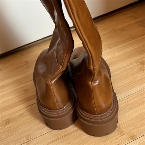 Zara Boots Leather Low Heel Lug Sole In Cognac Size 3 Gem