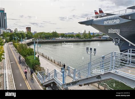 The Hudson River Park Bike Path With The Intrepid Aircraft Carrier On