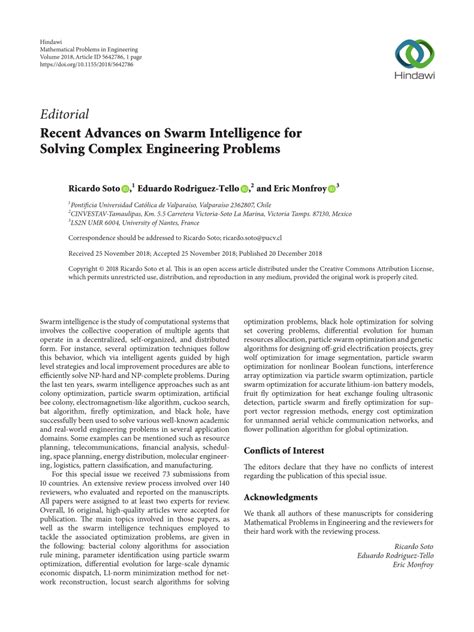 Pdf Recent Advances On Swarm Intelligence For Solving Complex Engineering Problems