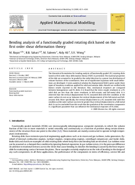 Pdf Bending Analysis Of A Functionally Graded Rotating Disk Based On The First Order Shear