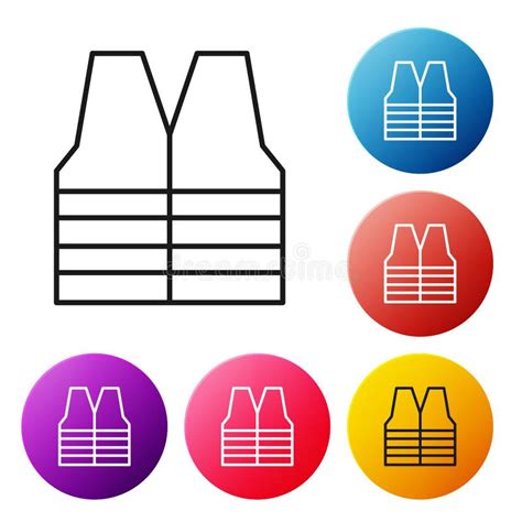 Black Line Safety Vest Icon Isolated On White Background Set Icons Colorful Circle Buttons