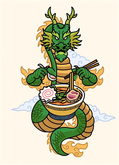 라면을 먹는 일본 문화의 용 프리미엄 벡터