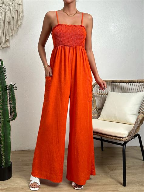 Regular Fit Pocket Side Shirred Detail Cami Jumpsuit Comfy Jumpsuits