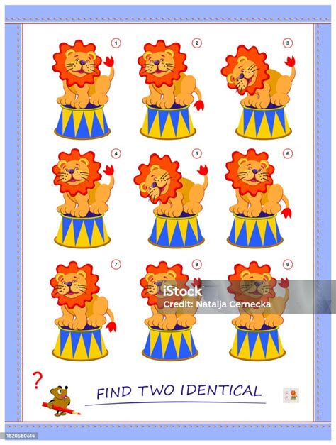 어린이와 성인을 위한 논리 퍼즐 게임 두 마리의 동일한 호랑이를 찾으십시오 아이들의 두뇌 티저 북을 위한 인쇄 가능한 페이지