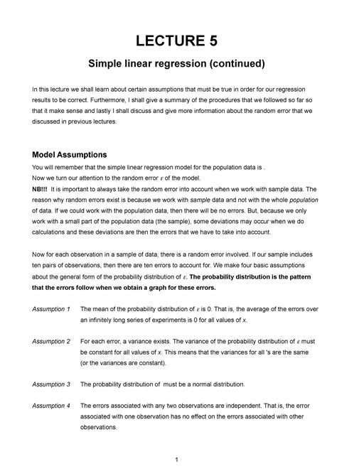 Lecture 5 Lecture 5 Simple Linear Regression Continued In This