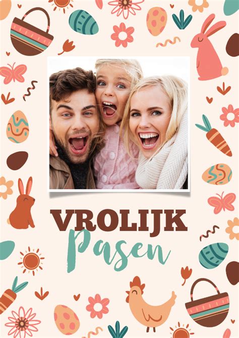 Paaskaart Vrolijk Pasen Kip Eieren Paashaas Kaartje2go